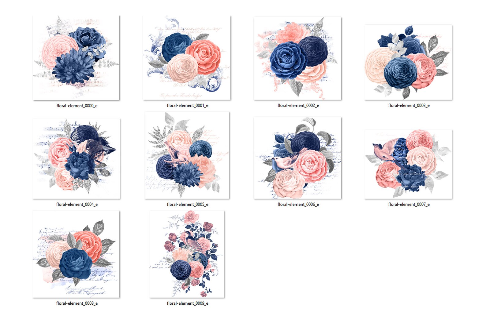 Blush & Navy Floral Clipart, Ephemera Embellishments (digital Download ...