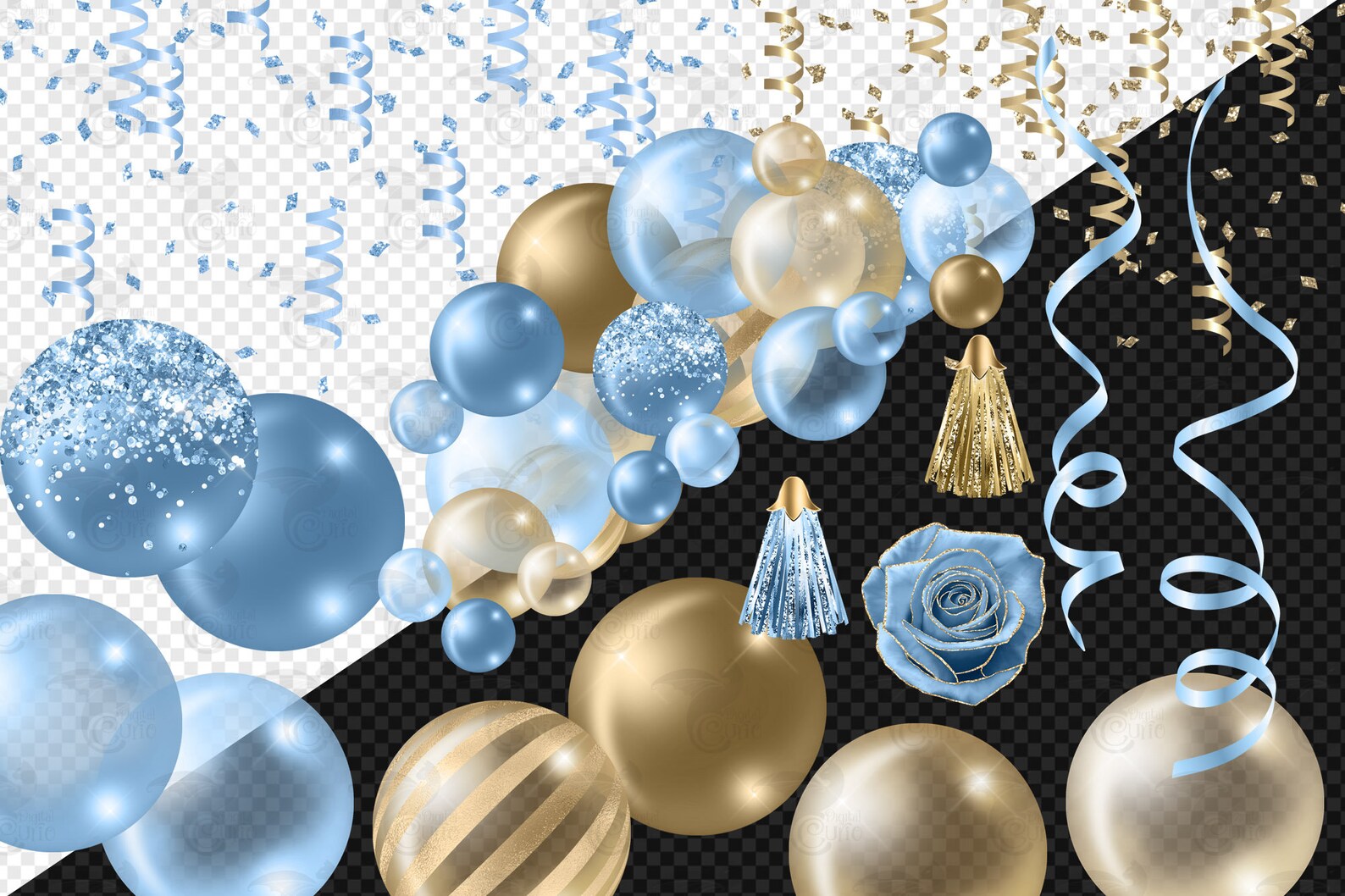 Blue and Gold Balloon Arch Clipart, Ribbons, Confetti (digital Download ...