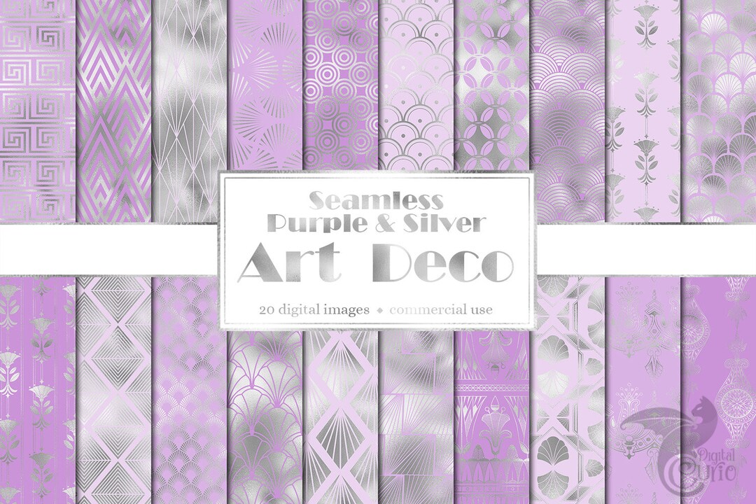 Purple and Silver Art Deco Digital Paper, Seamless Deco Patterns in ...