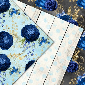 Royal Blue and Gold Floral Digital Paper, Seamless Blue Rose Printable ...