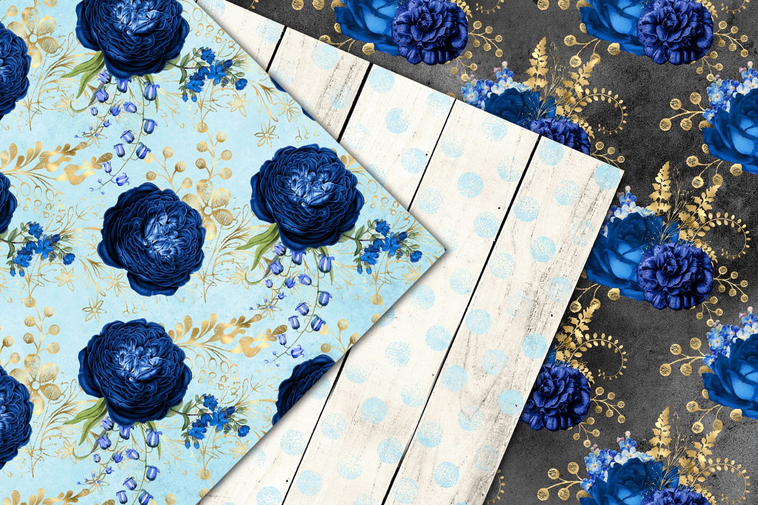 Royal Blue and Gold Floral Digital Paper Seamless Blue Rose - Etsy Canada