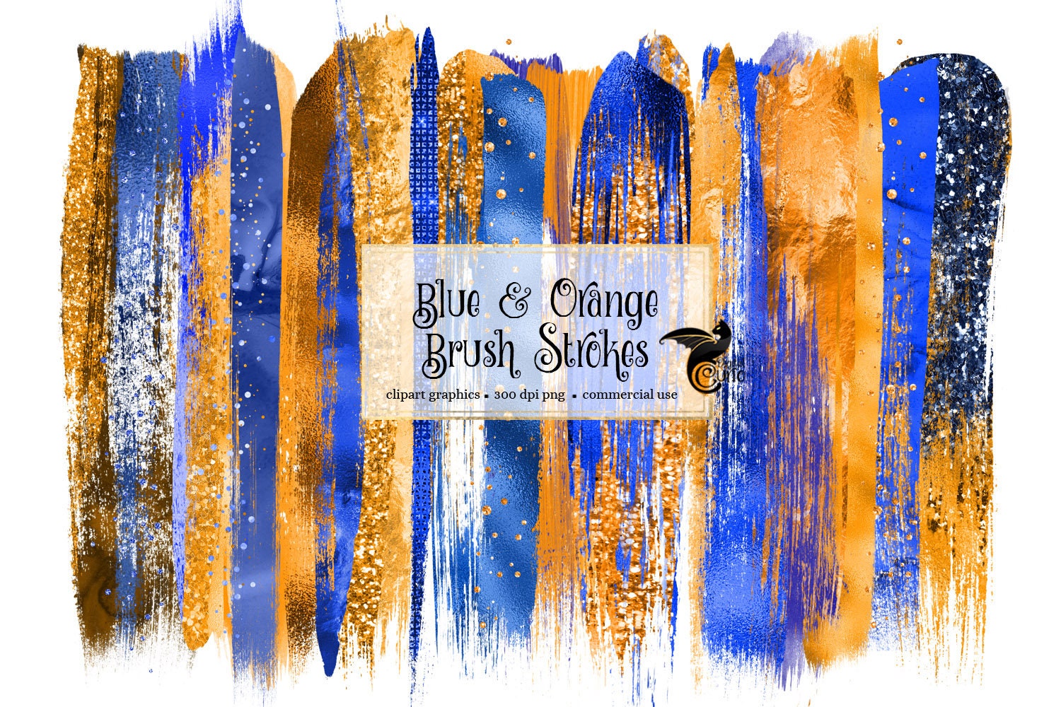 Blue and Orange Paint Strokes Clipart with gold glitter and | Etsy