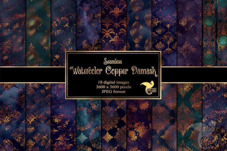 Watercolor Copper Damask Digital Paper - Seamless Patina Shimmer ...