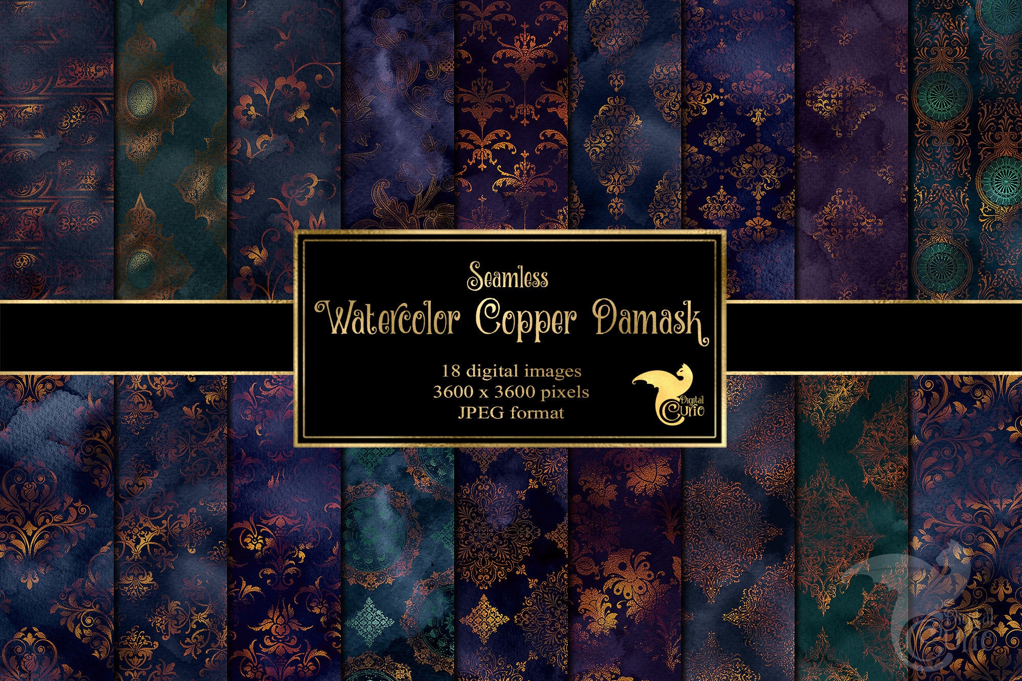 Watercolor Copper Damask Digital Paper - Seamless Patina Shimmer ...