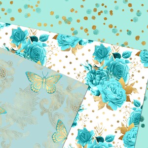 Aqua and Gold Floral Digital Paper, Teal and Gold Printable Scrapbook ...