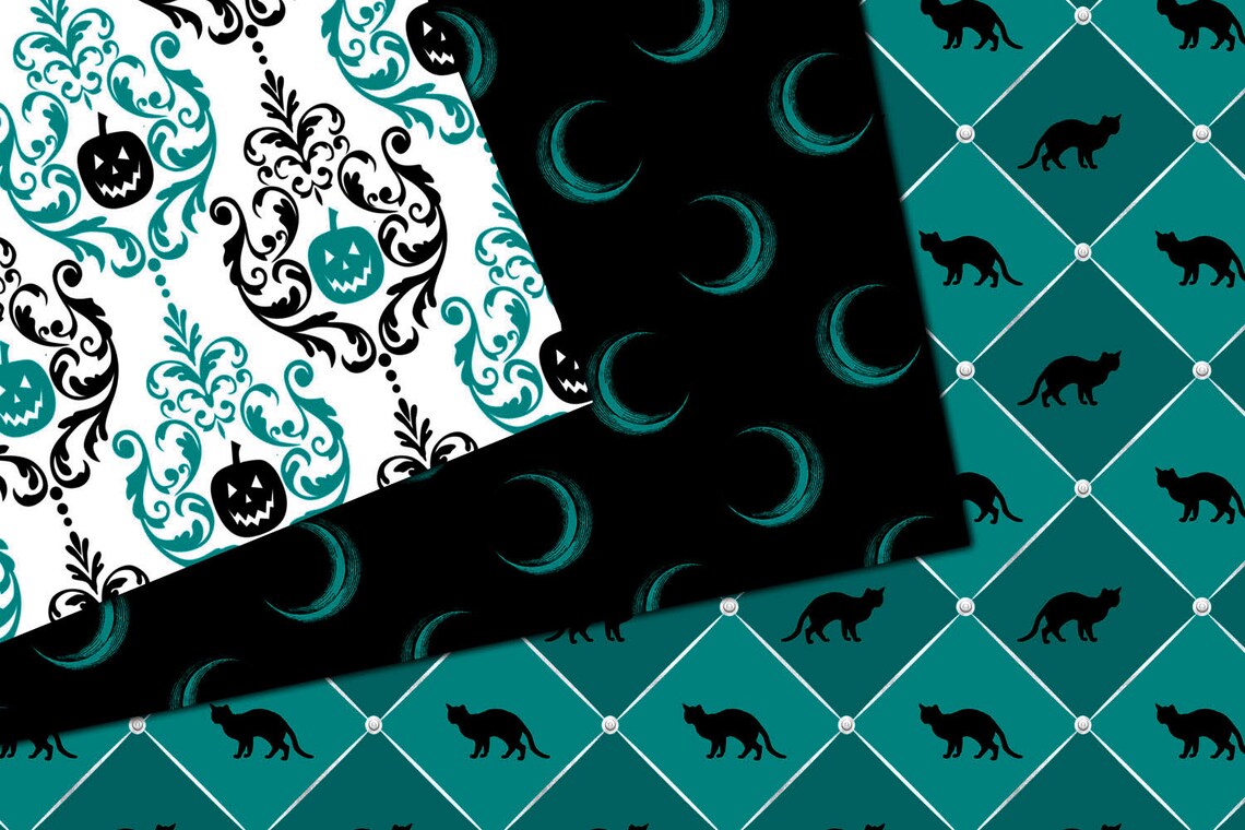 Teal Halloween Digital Paper Seamless Witch and Skull - Etsy