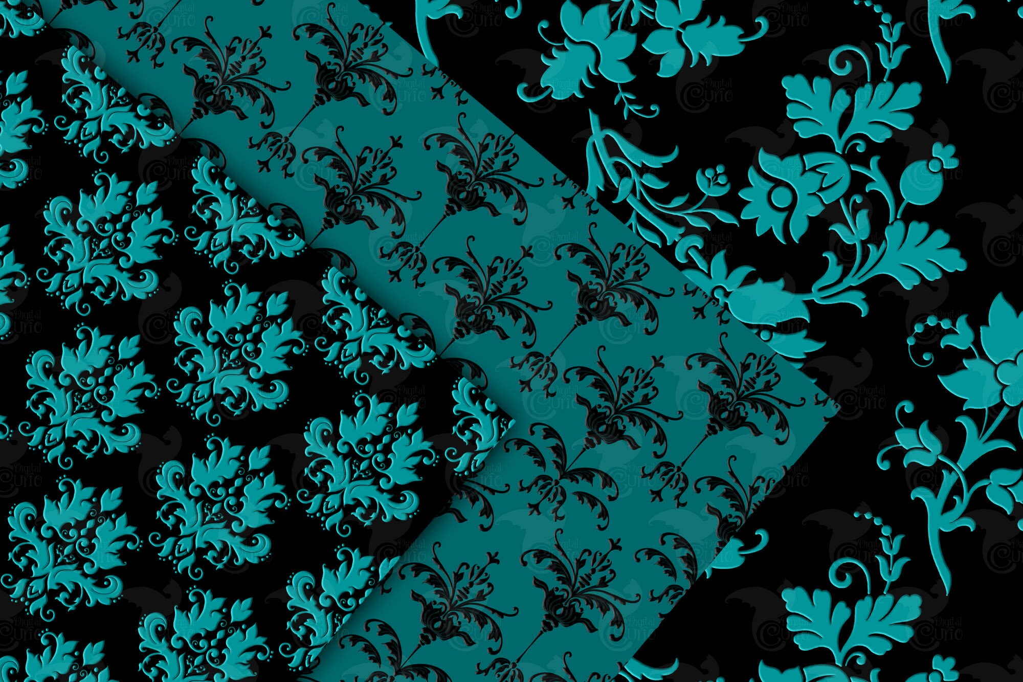 Teal and Black Damask Digital Paper Gothic Digital Paper - Etsy
