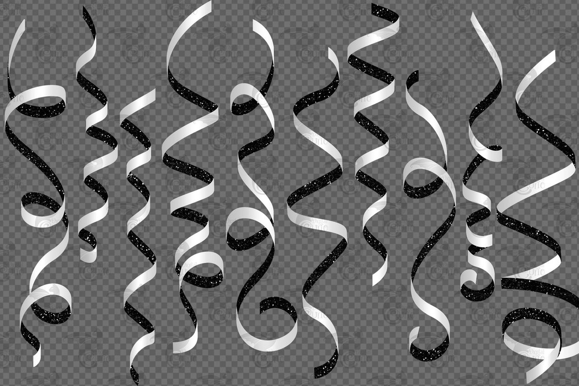 Black and White Glitter Ribbon Clip Art Curling Ribbons in - Etsy