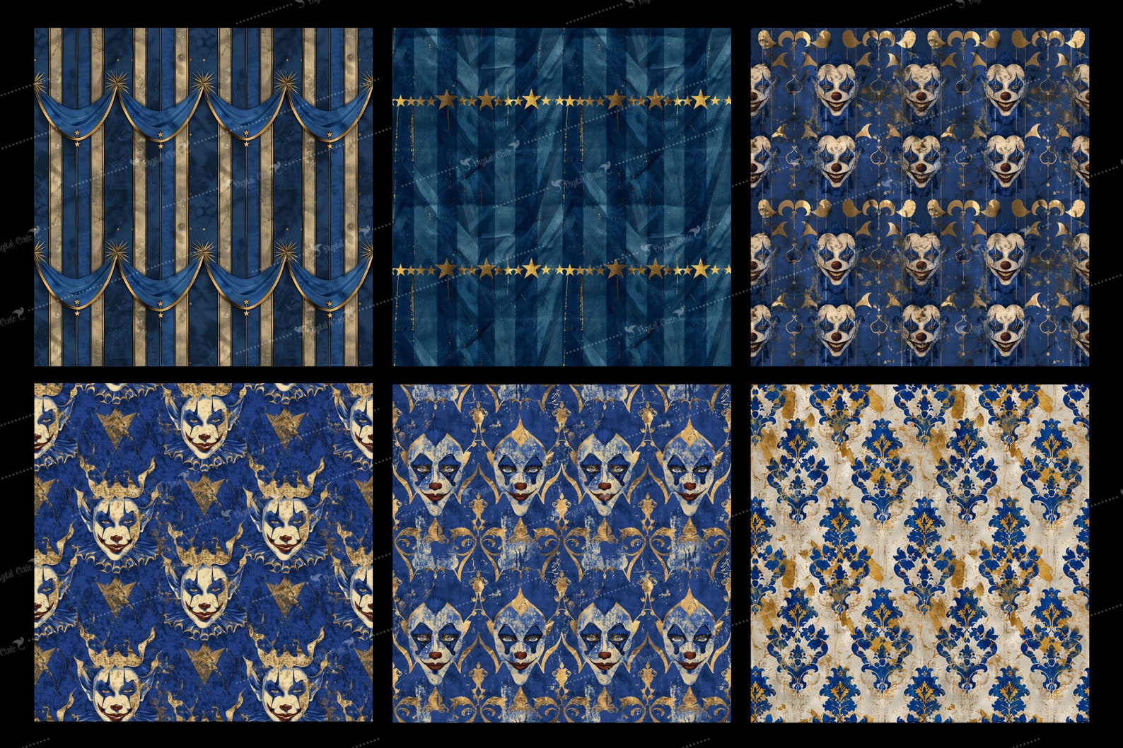 Vintage Circus Digital Paper, Blue and Gold Textures (digital Download ...