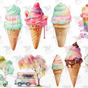 Watercolor Ice Cream Clipart, Cones and Sundaes, Ice Cream Truck Clip ...