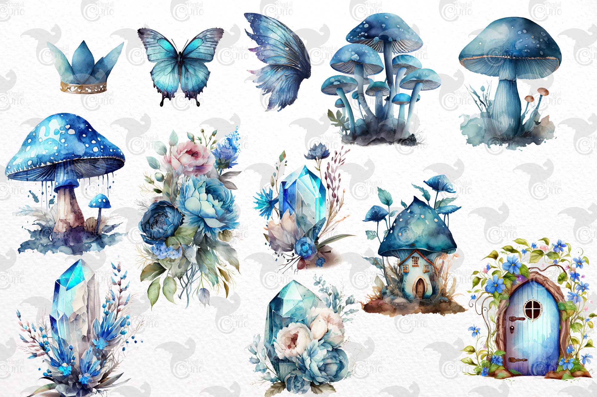 Watercolor Blue Fairy Clipart – Floral Fantasy Graphics (PNG, Digital ...
