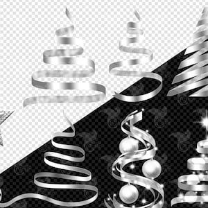 Silver Ribbon Christmas Tree Clip Art - Digital Holiday Glitter Png ...