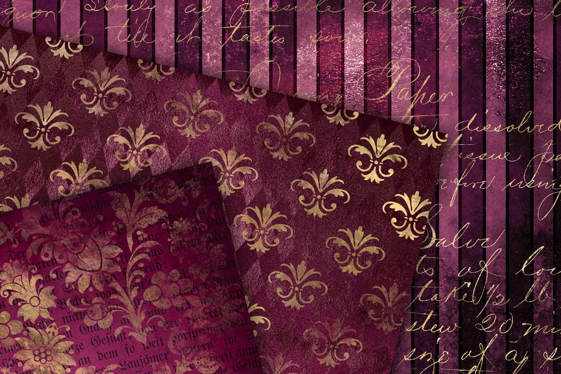 Burgundy and Gold Damask Digital Paper, Vintage Textures (digital ...