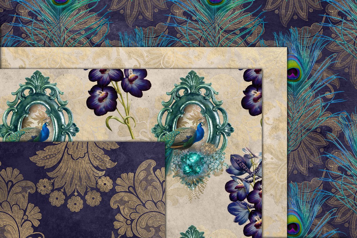Peacock Digital Paper: Seamless Vintage Scrapbook Patterns (digital ...