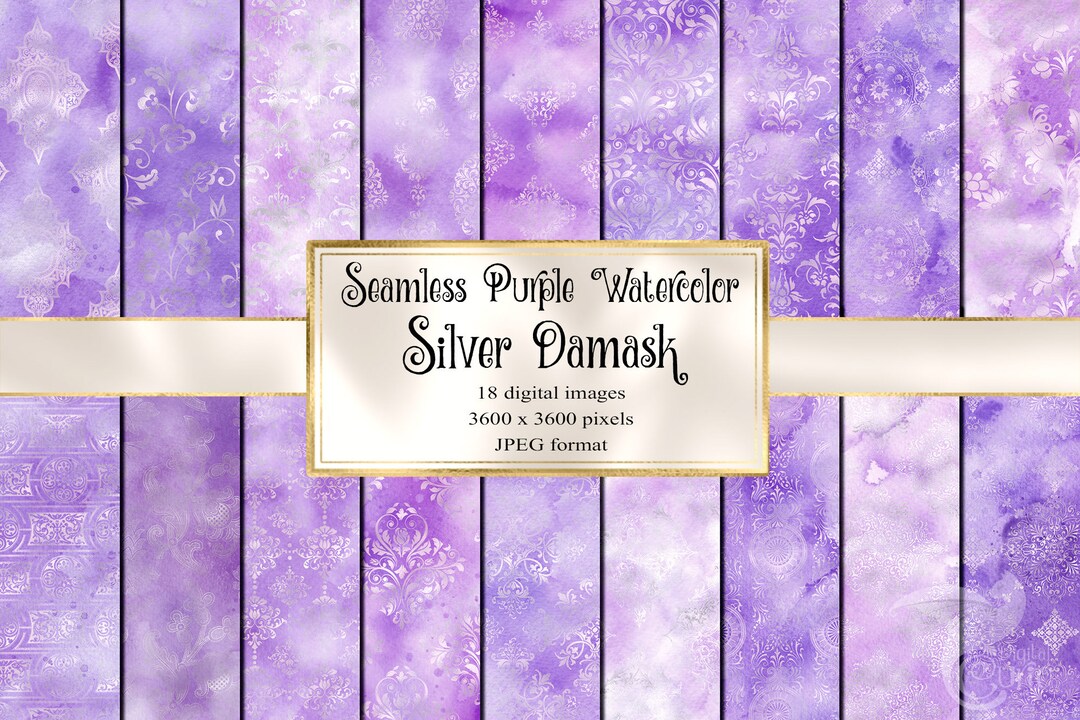 Purple Watercolor and Silver Damask Digital Paper - Seamless Shimmer ...