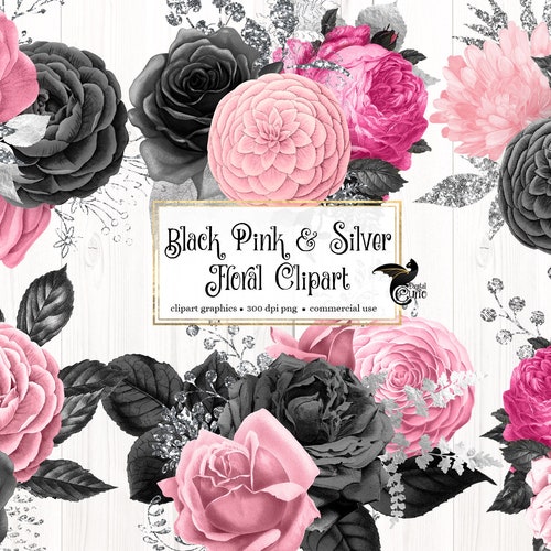 Black Purple and Silver Floral Clipart Vintage Flower Clip - Etsy