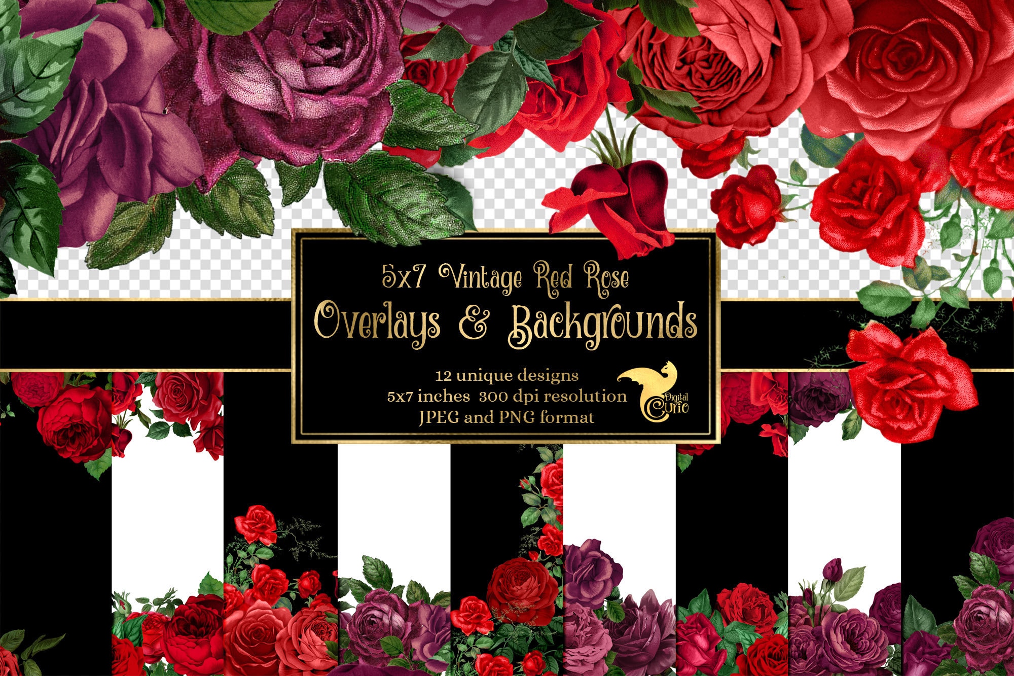 5x7 Vintage Red Rose Overlays for Invitations Planners - Etsy