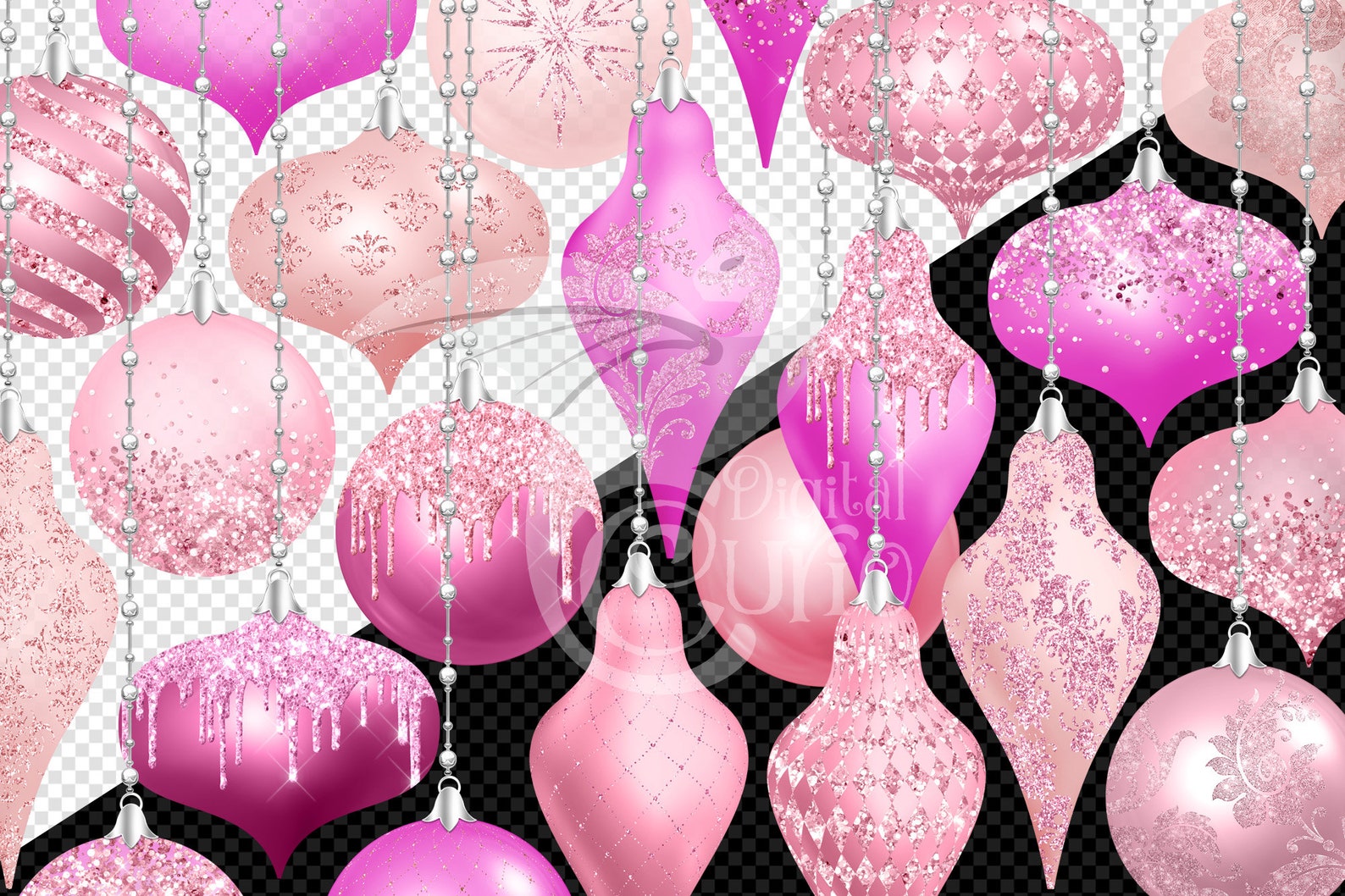 Pink Glitter Christmas Ornaments Clipart Digital Glitter - Etsy
