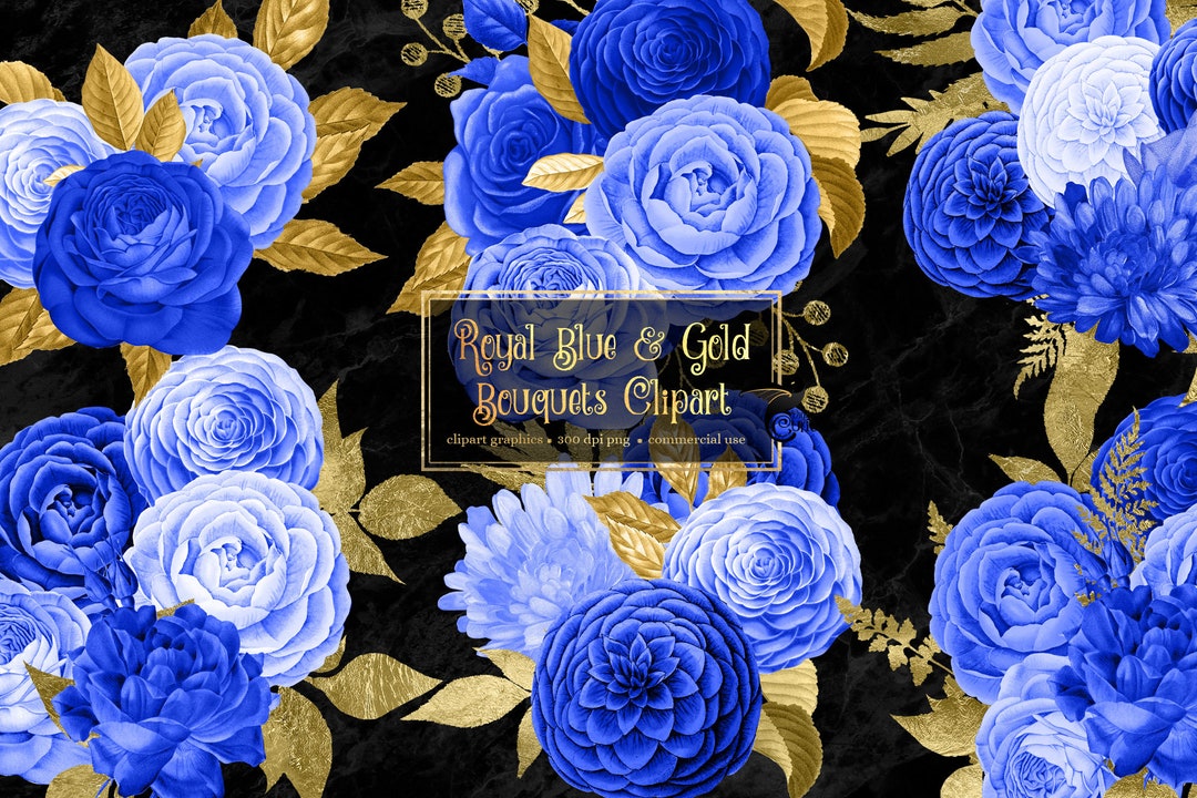 Royal Blue and Gold Floral Bouquets Clipart, Digital Instant Download ...