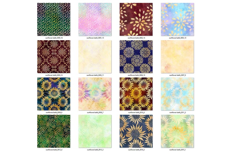 Sunflower Batik Digital Paper - Hand Drawn Seamless Patterns Instant ...