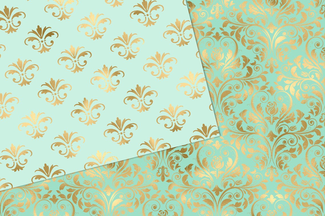 Mint and Gold Damask Digital Paper Seamless Damask Patterns | Etsy