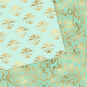 Mint and Gold Damask Digital Paper, Seamless Damask Patterns Printable ...
