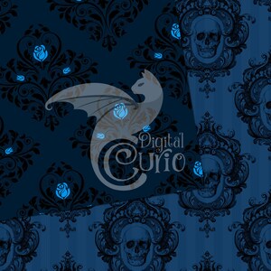 Blue Gothic Digital Paper, Seamless Skull Damask Halloween Patterns ...