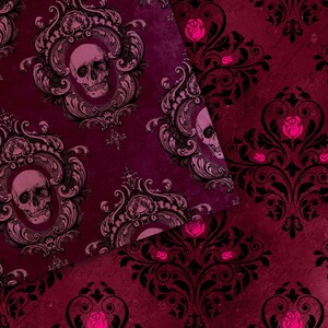 Burgundy Gothic Digital Paper, Skull Damask, Lace, Halloween Scrapbook ...