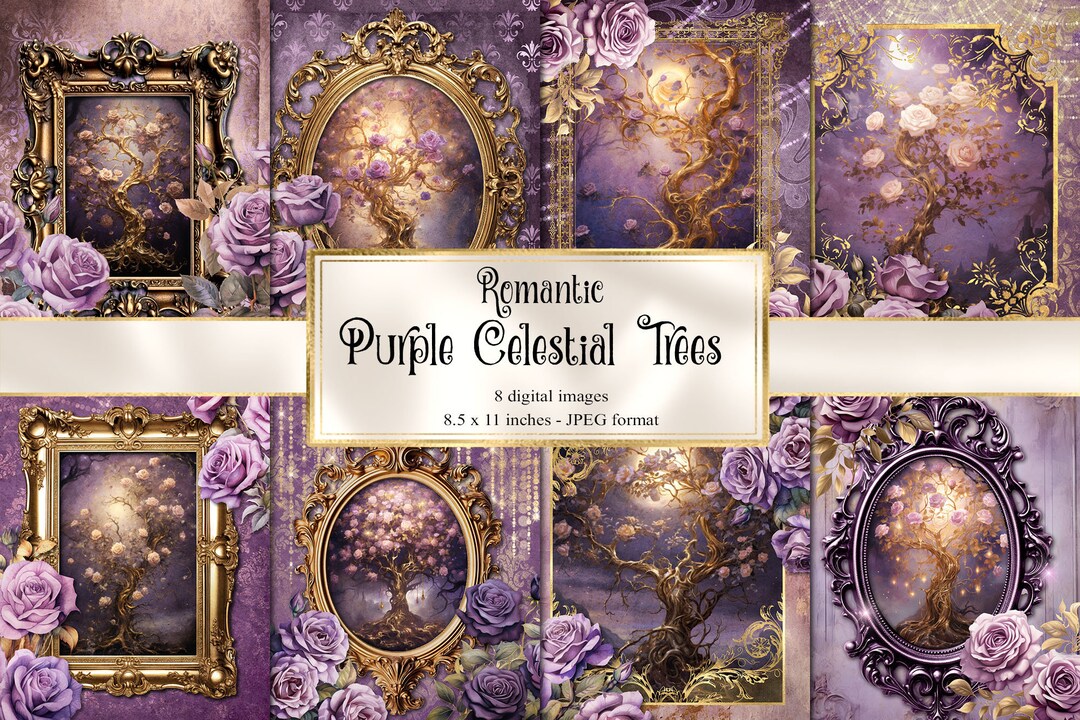 Romantic Purple Celestial Trees Journal Paper, Notebook Digital Paper Rococo Fantasy Junk ...