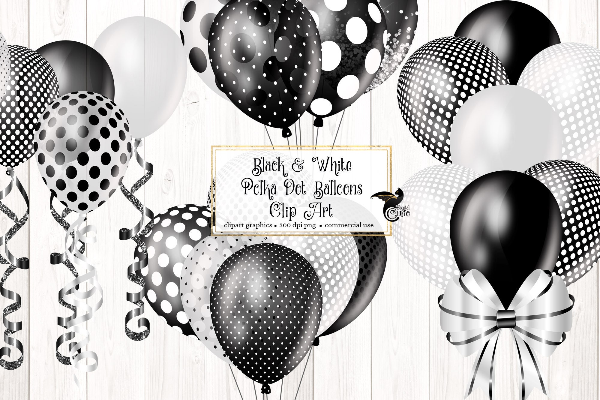 Polka Dot Balloons Clipart, Black and White Party PNG (digital Download ...