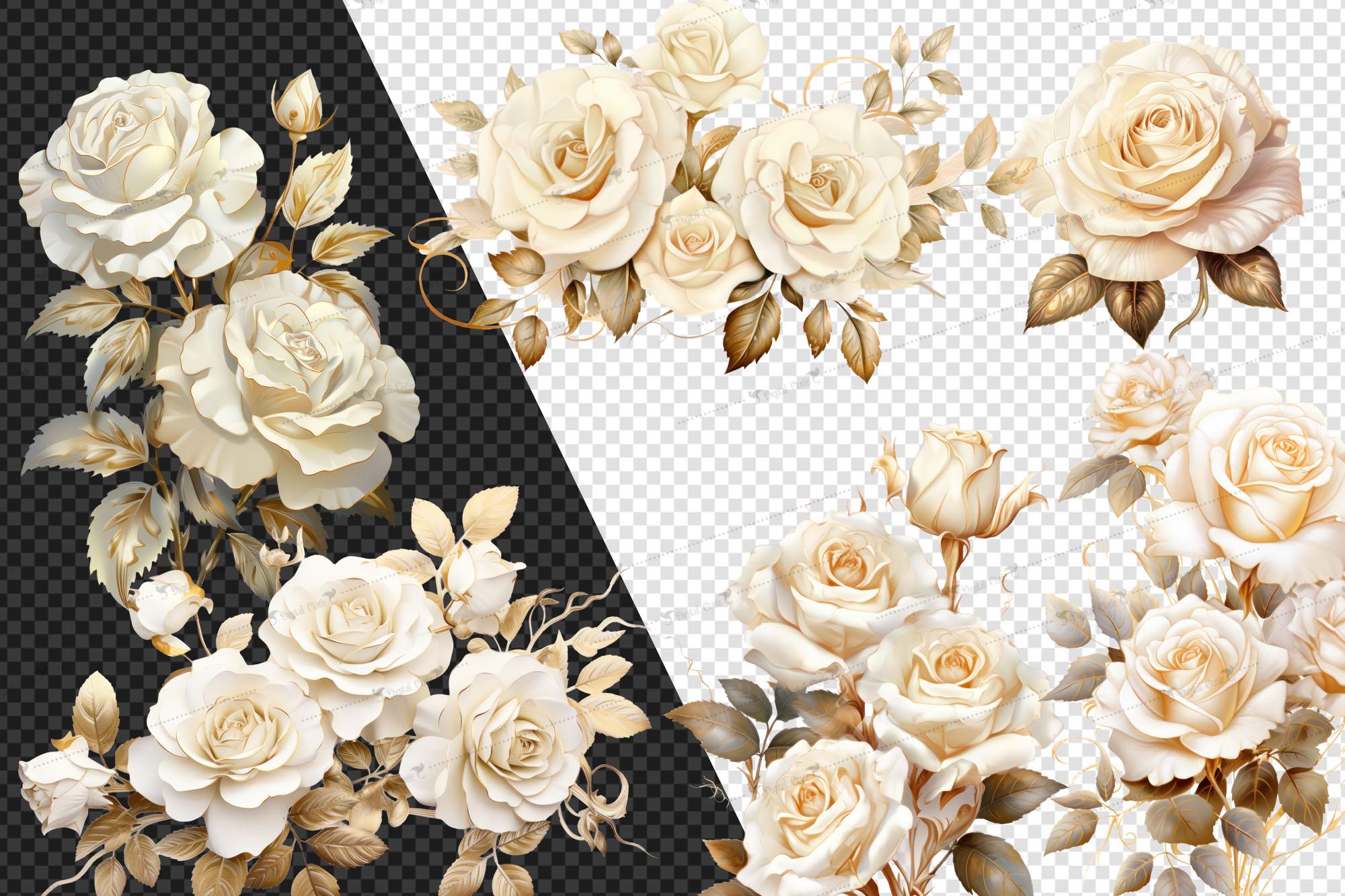 White and Gold Rose Clip Art, Floral PNG Embellishments (digital ...