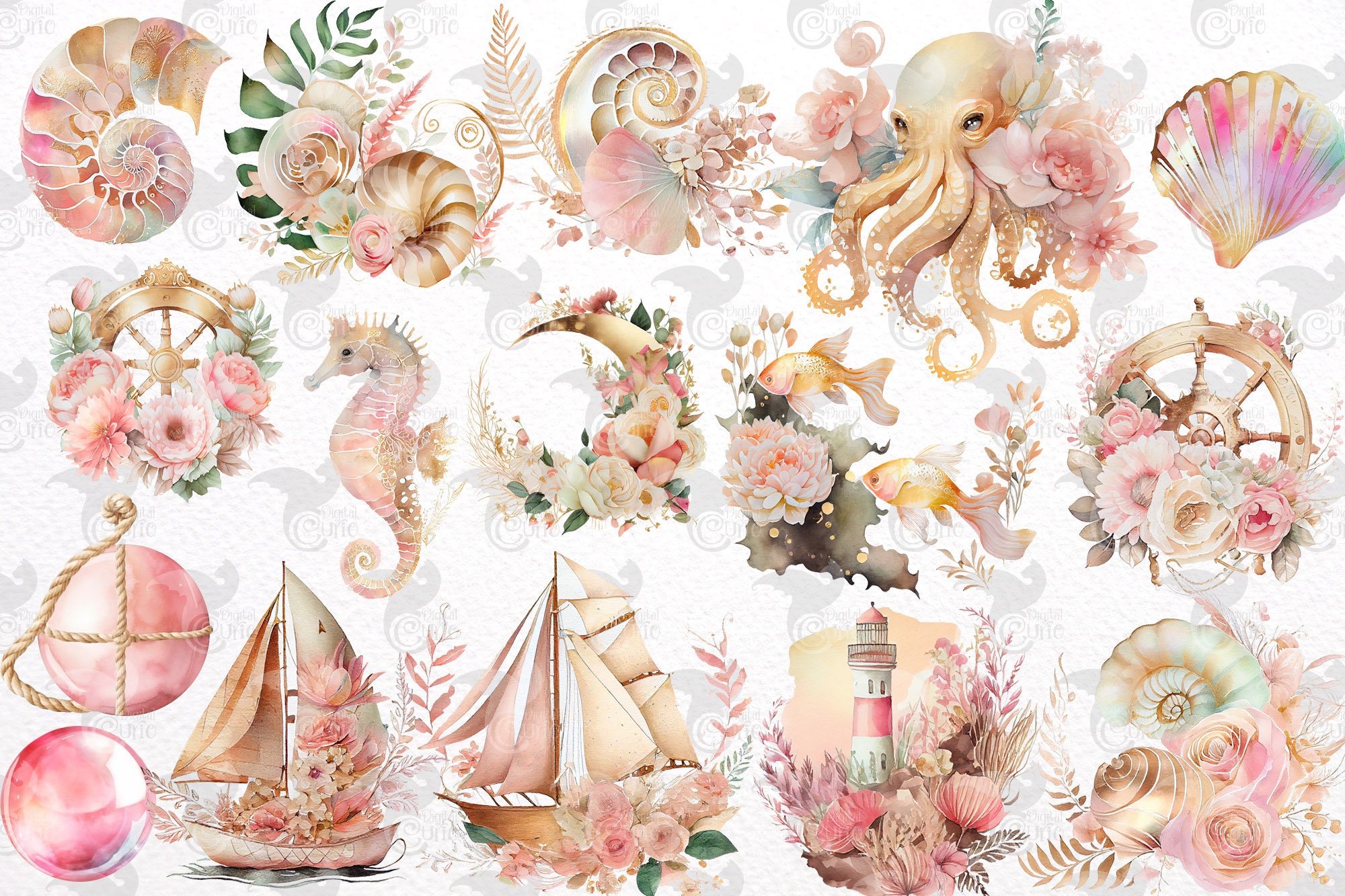Watercolor Boho Nautical Clipart - Ocean Beach Wedding PNG Format ...
