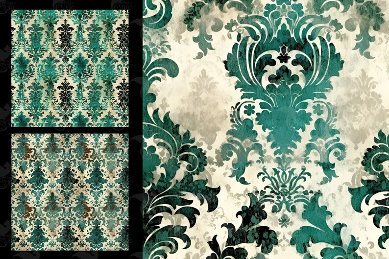 Emerald Green Damask Digital Paper, Distressed Texture (digital ...