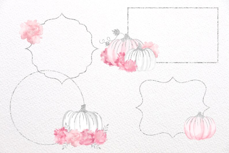 Pink and Silver Watercolor Pumpkins Clip Art Sparkling | Etsy