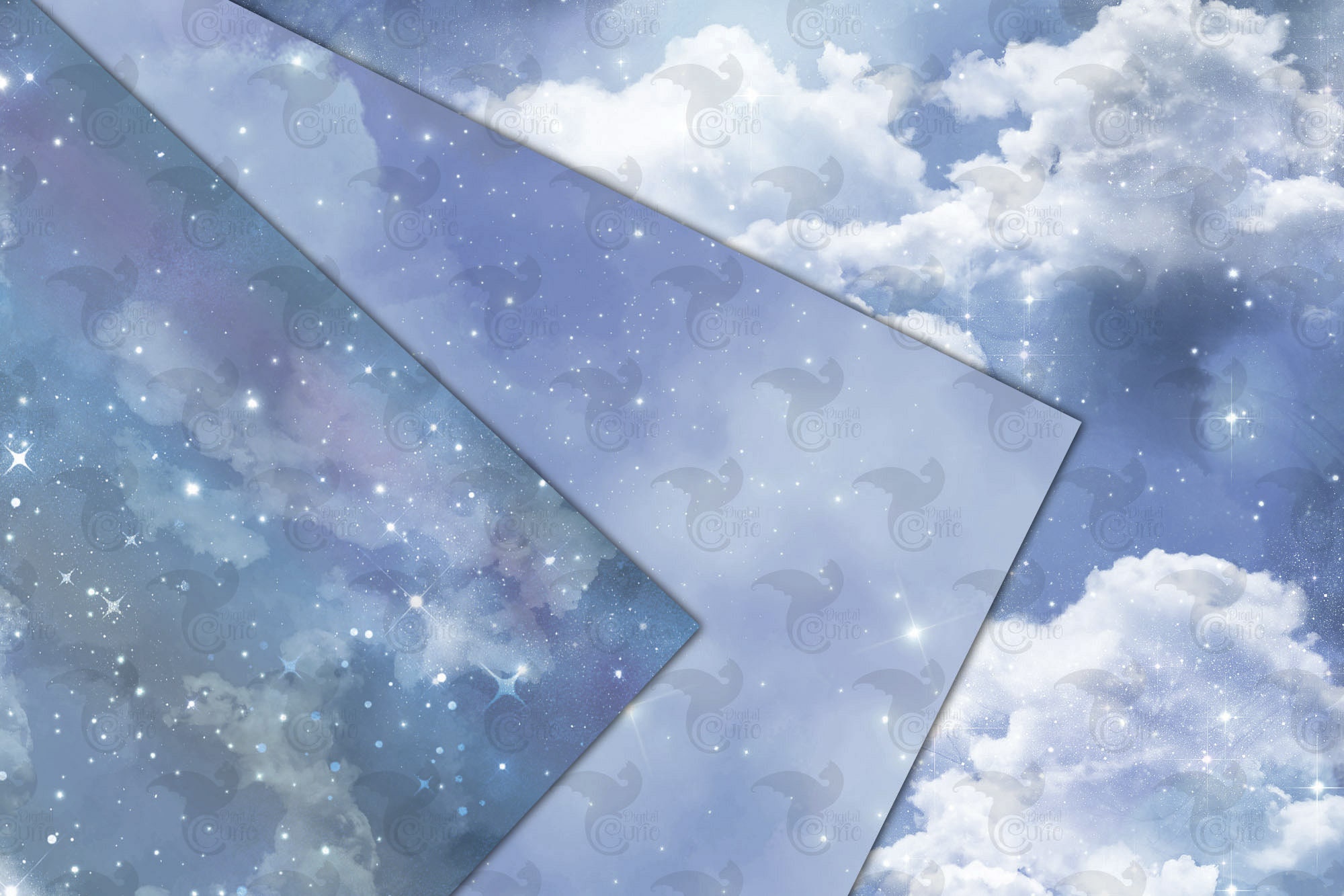 Blue Cloudy Skies Digital Paper - Stars and Clouds Galaxy Background ...