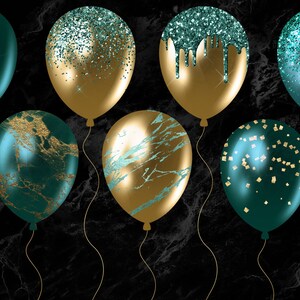 Teal and Gold Balloons Clipart, Glitter Balloon Png Digital Overlays ...