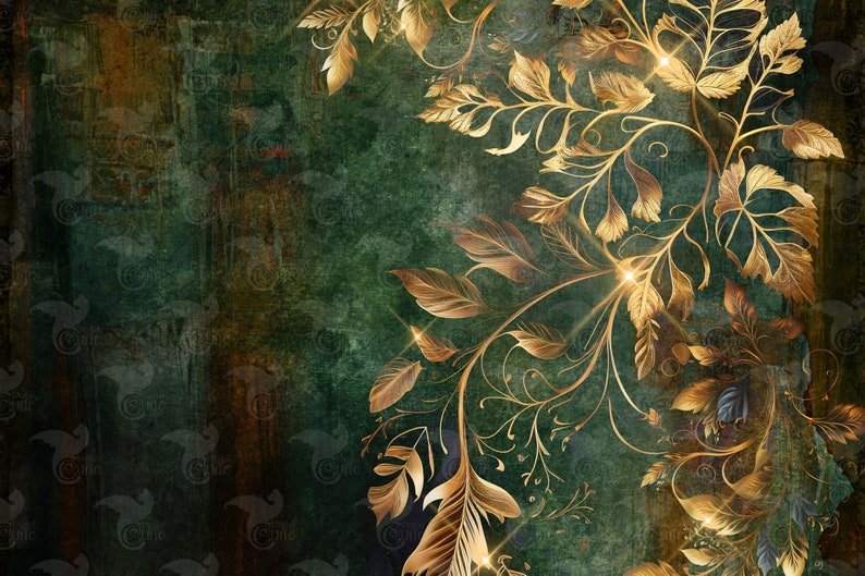 Ornate Gold Forest Digital Paper Dark Green Woodland Grunge - Etsy