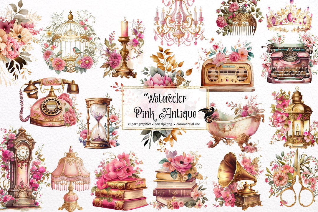 Watercolor Pink Antique Clipart - Vintage Shabby PNG Format Instant ...