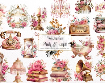 Watercolor Pink Antique Clipart, Floral Vintage PNG, Commecrial Use ...