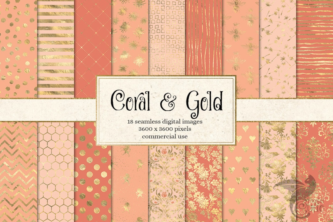 Coral and Gold Digital Paper – Seamless Scrapbook Backgrounds (digital ...