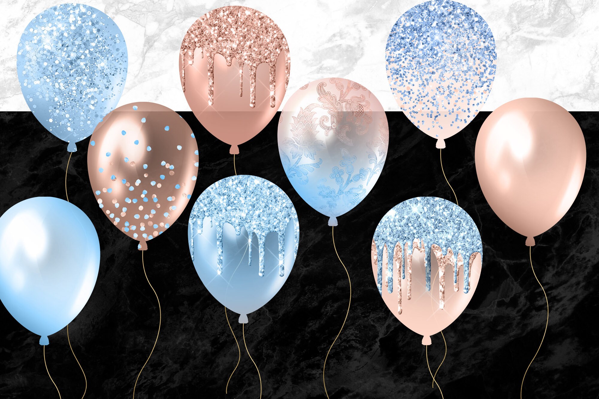 Rose Gold and Blue Balloons Clipart Party Clip Art Balloons - Etsy