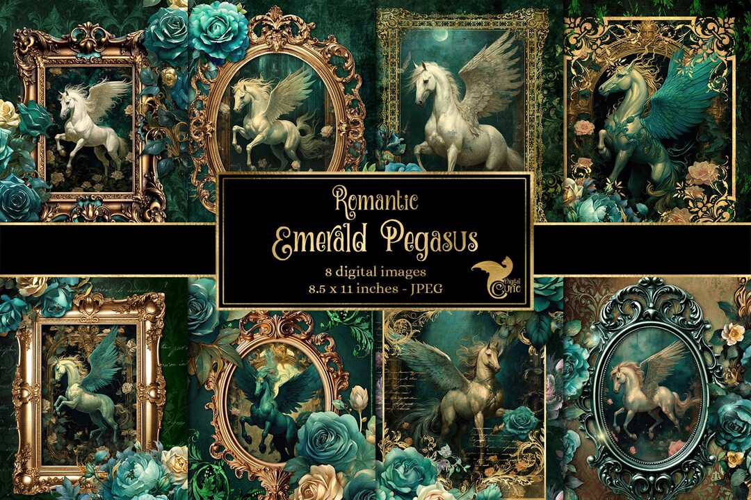 Romantic Emerald Pegasus Journal Paper, Notebook Digital Paper Rococo Fantasy Junk Journal Pages ...