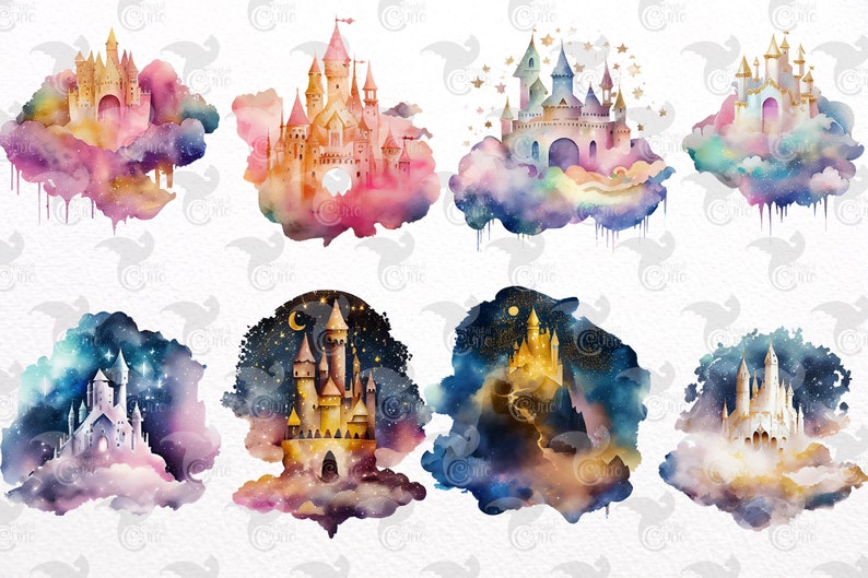 Watercolor Sky Castles Clipart Fantasy Sky Palace Watercolor - Etsy