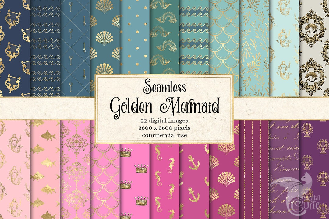 Golden Mermaid Digital Paper, Seamless Scrapbook Patterns (digital ...