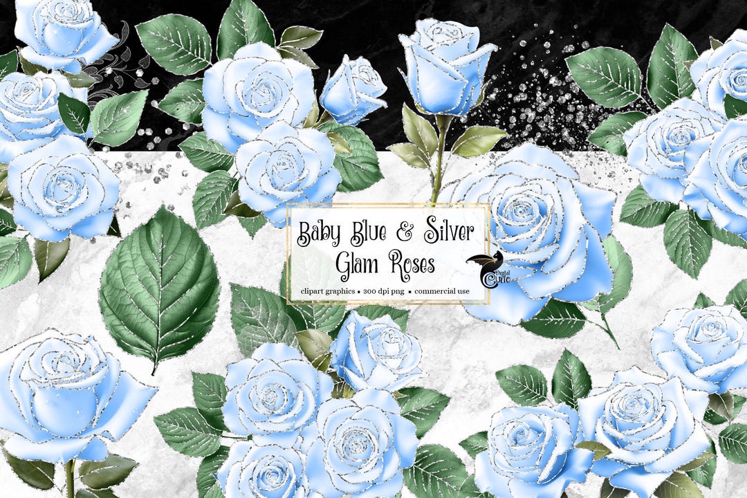 Baby Blue and Silver Glam Rose Clip Art, Digital Instant Download ...