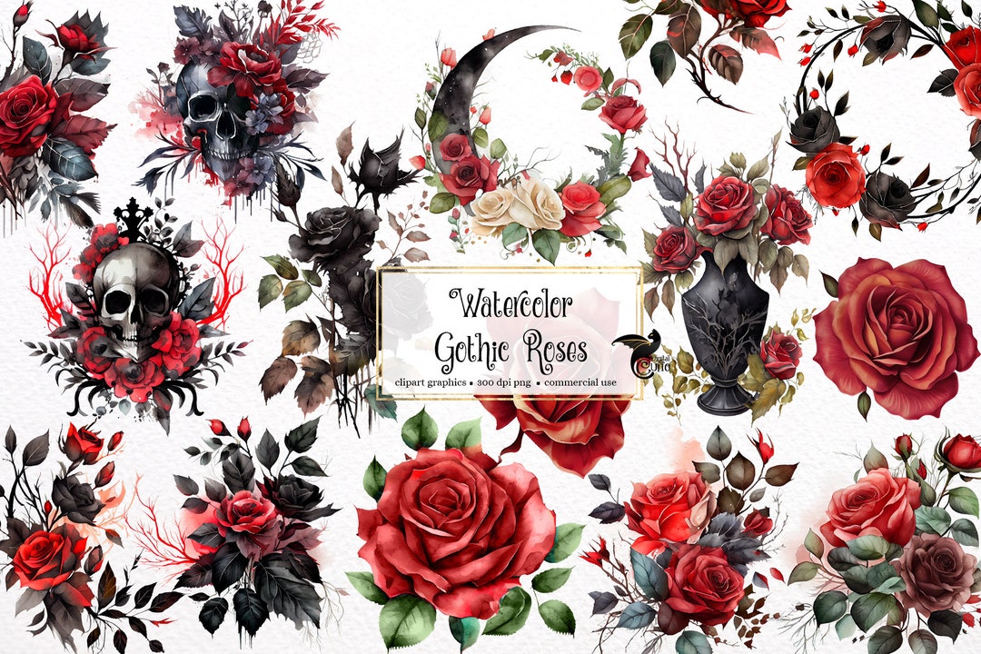 Watercolor Gothic Roses Clipart - Dark Fantasy Watercolor Garden PNG ...