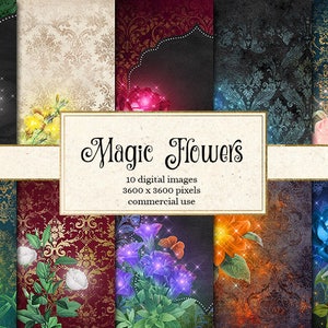 Magic Flower Backgrounds, Flower Digital Paper, Enchanted Fantasy Rose ...