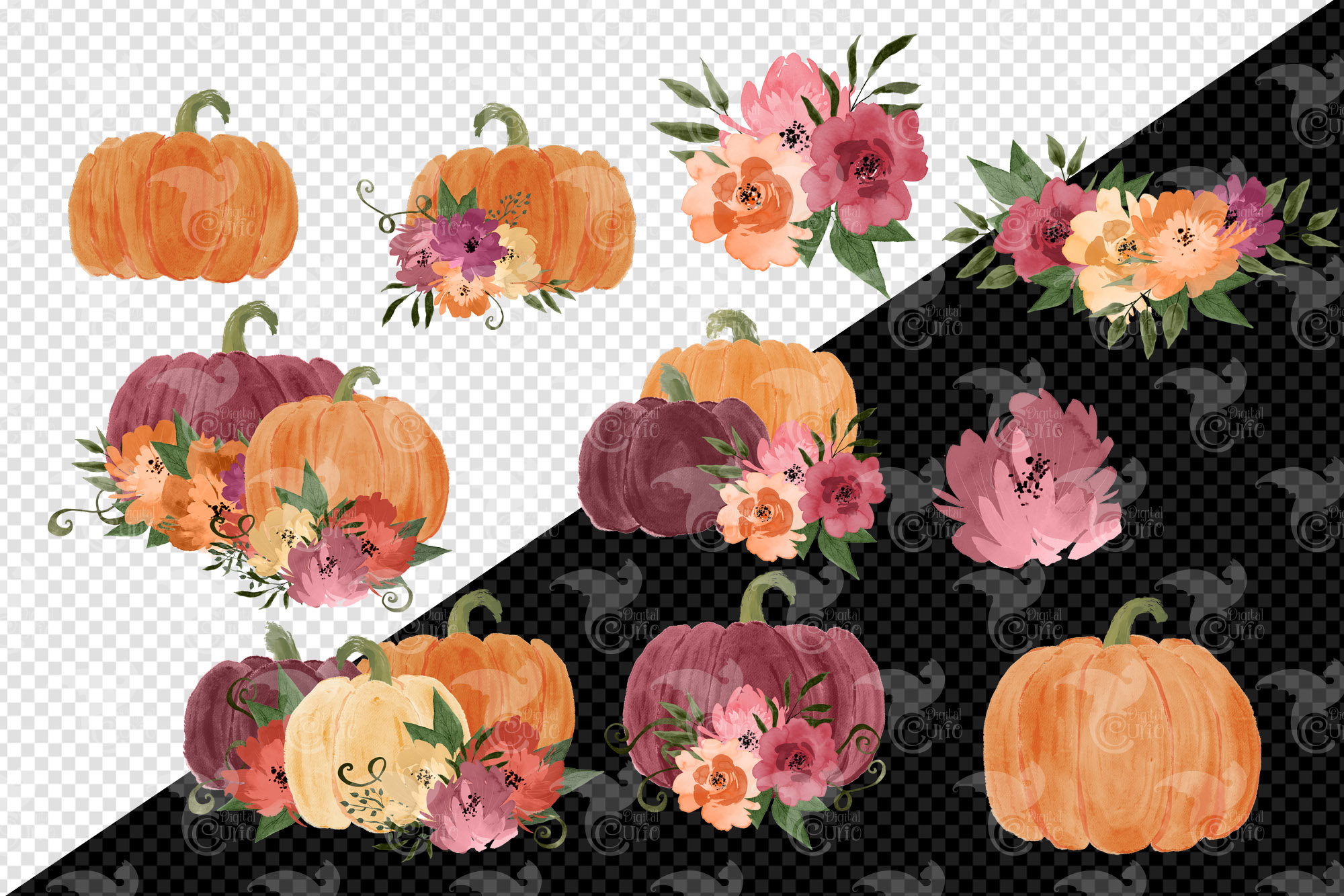 Watercolor Pumpkins Clip Art - Autumn Pumpkins in PNG Format Instant ...