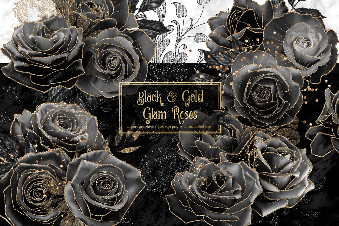 Black and Gold Glam Rose Clip Art Digital Instant Download - Etsy