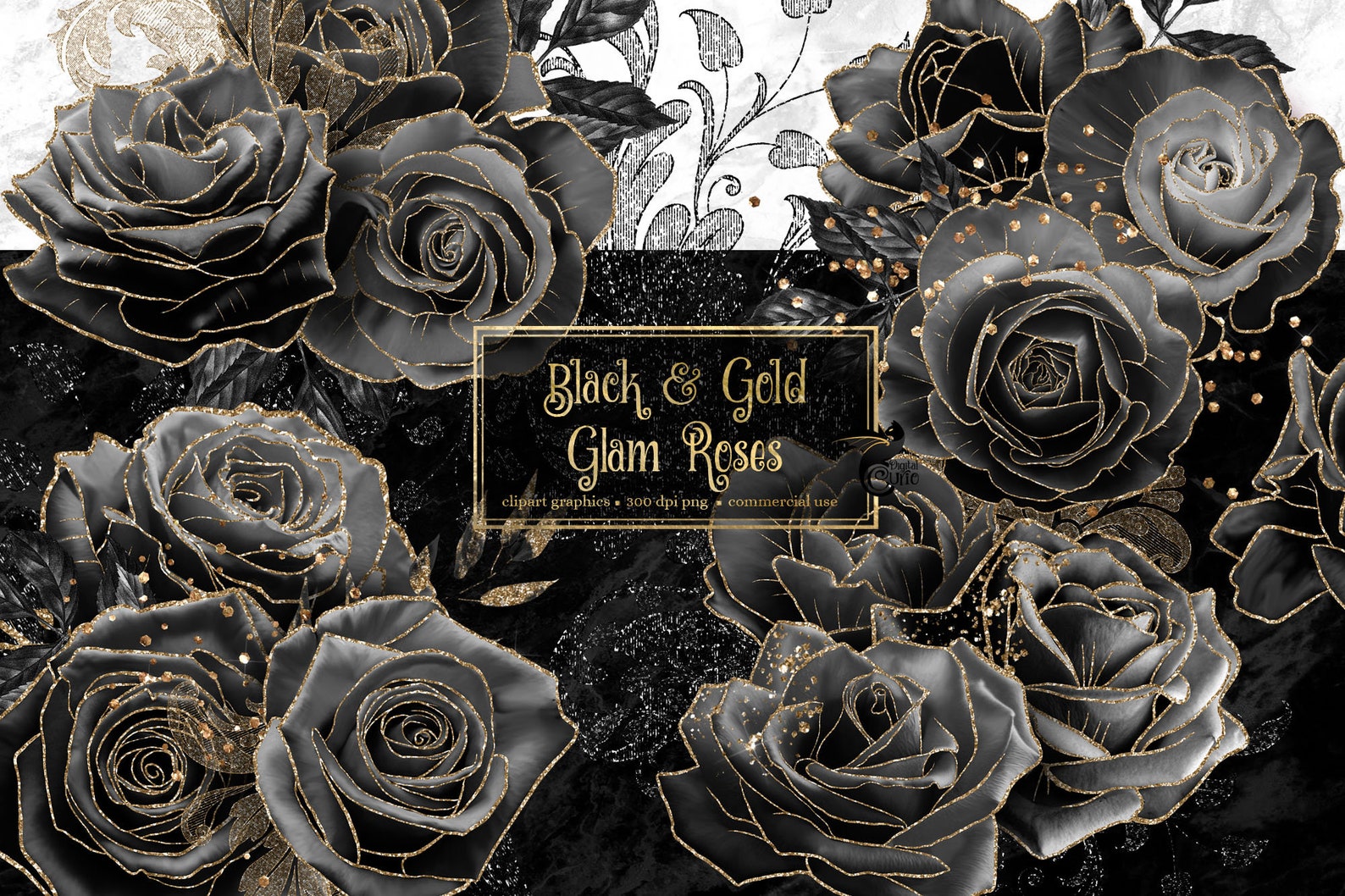 Black and Gold Glam Rose Clip Art Digital Instant Download | Etsy